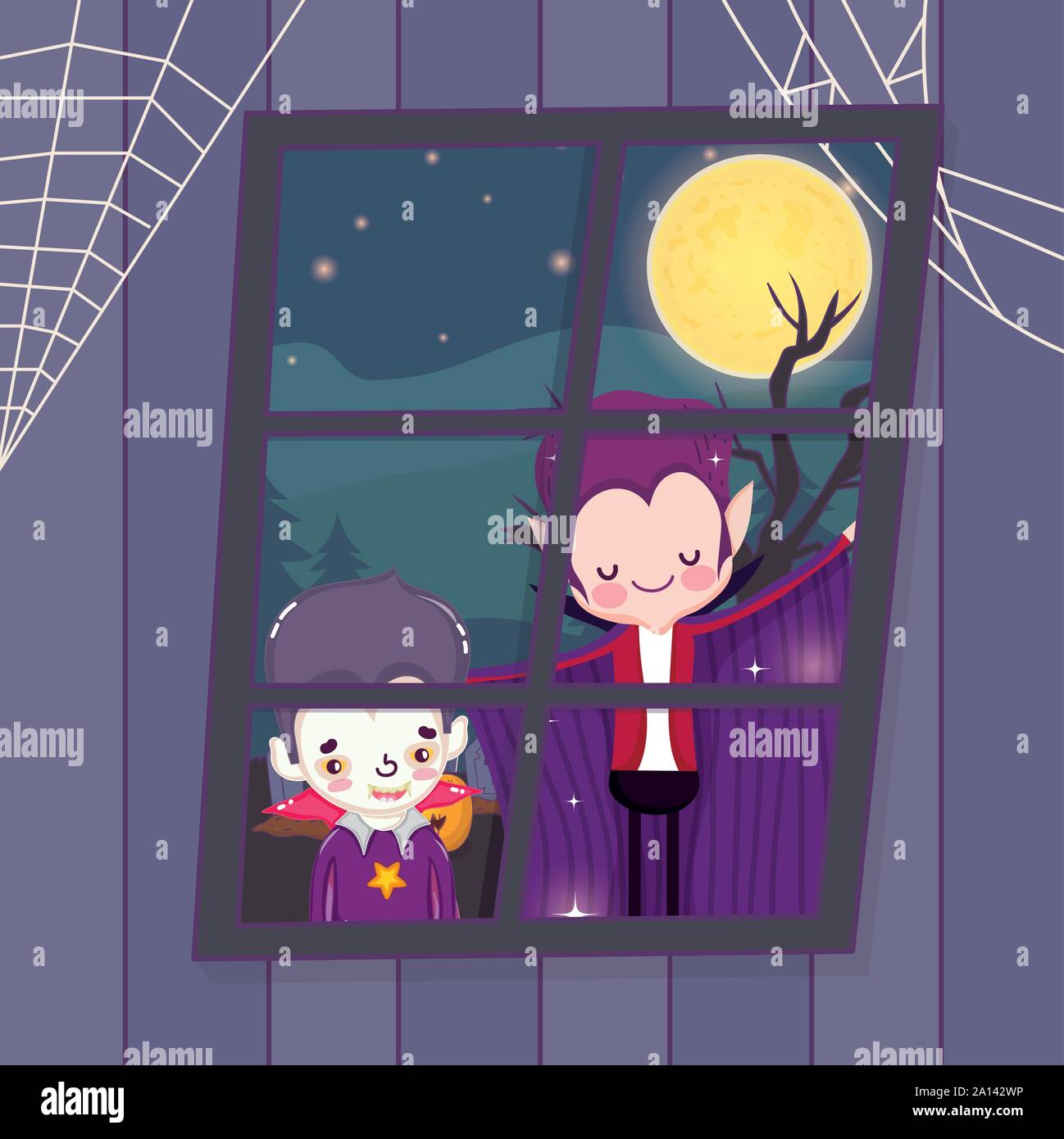 view window boys dracula costume halloween image vector illustration ...