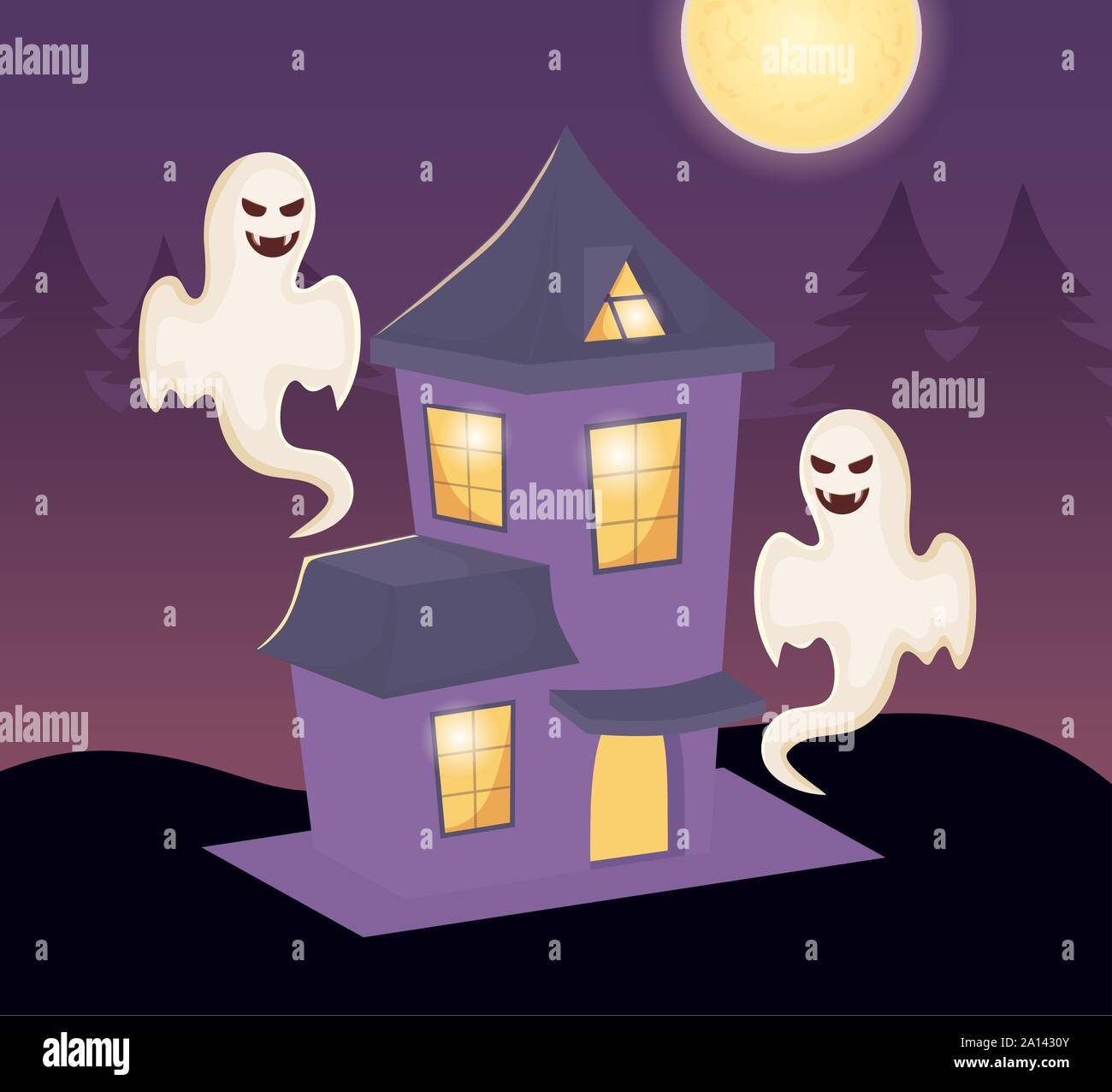 scary ghosts house trick or treat - happy halloween vector illustration ...