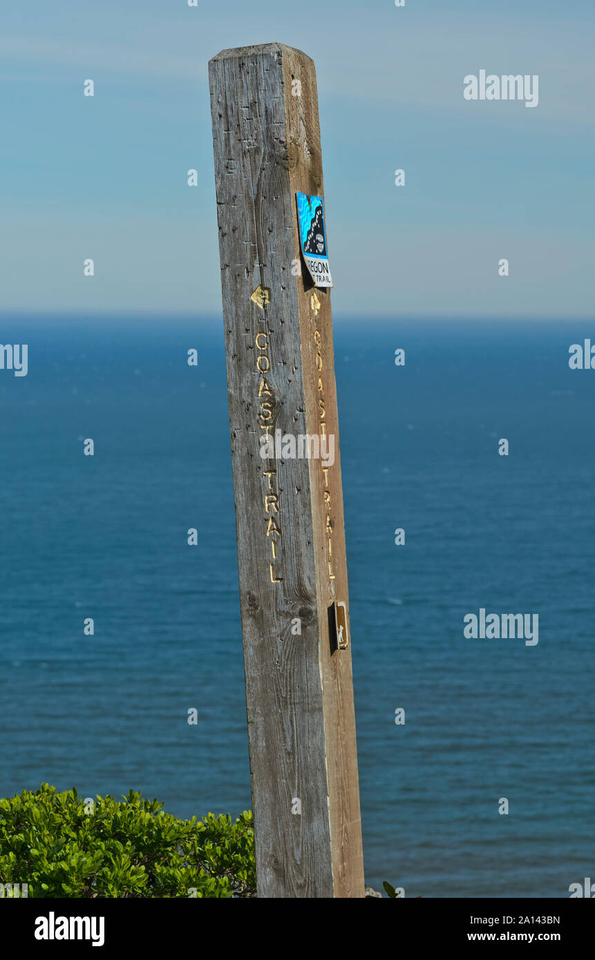 A blaze (signpost) for the Oregon Coast Trail in Cape Sebastian State ...