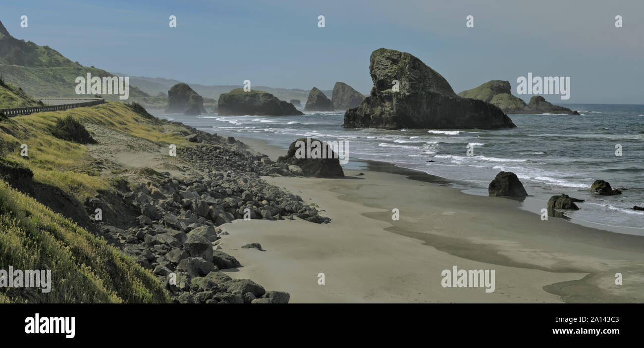 Sea stacks emerge from the beach on the Oregon coast, near Gold Beach ...