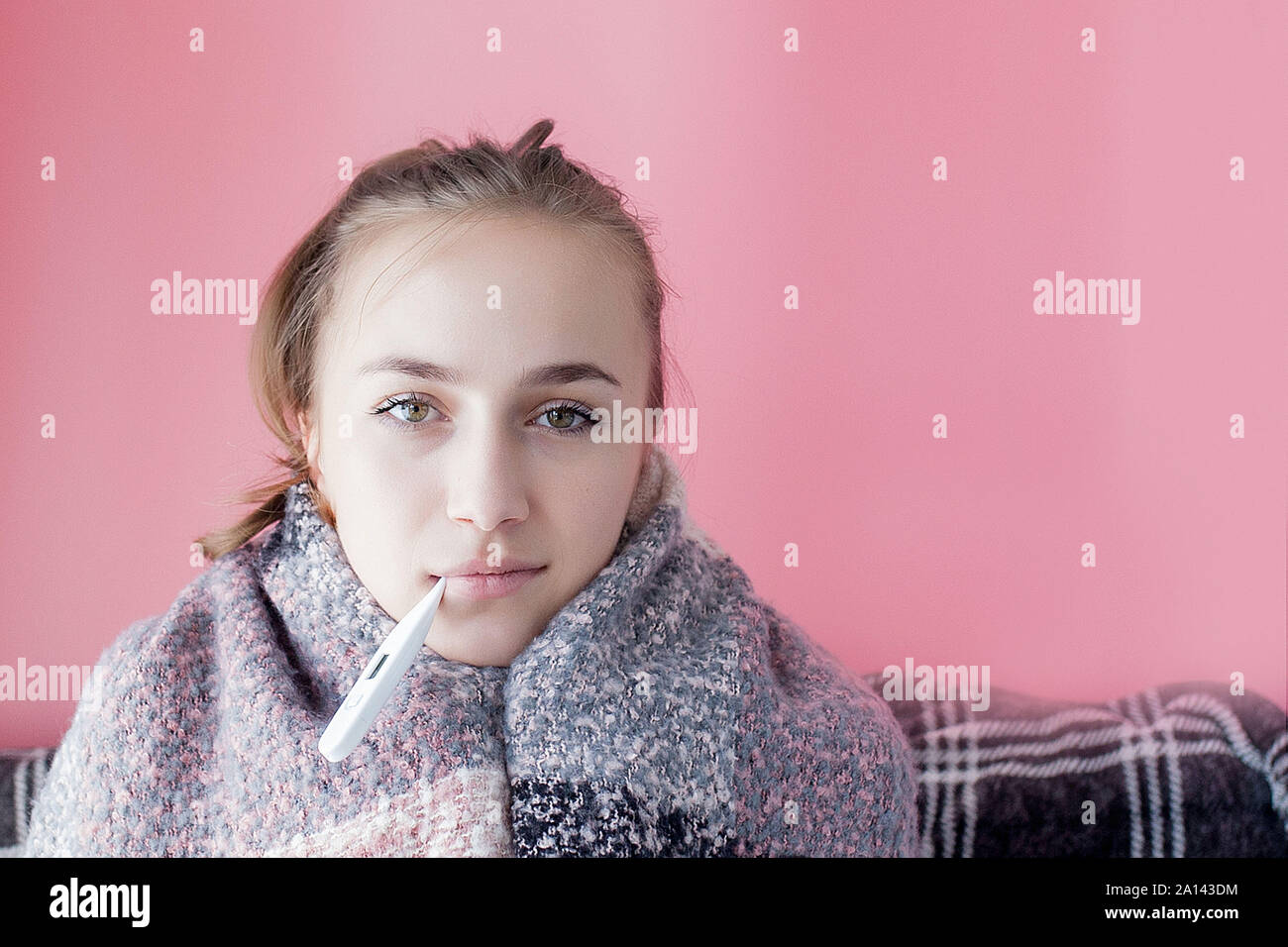 Flu cold grippe. Woman having high temperature. Sick girl with fever ...