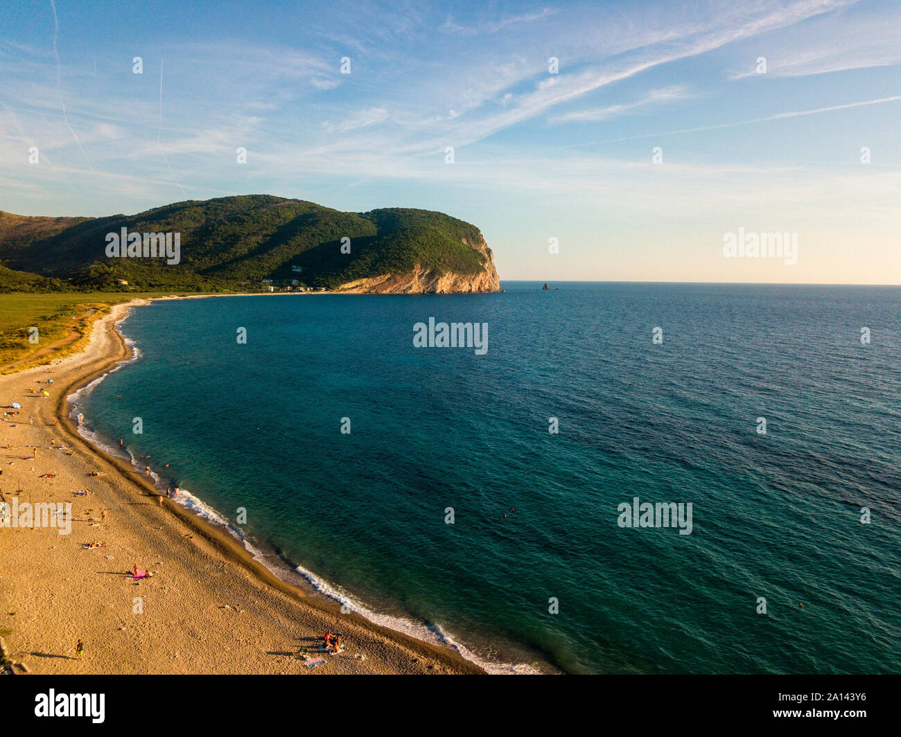 Aerial view of Buljarica beach. It is one of the largest beaches at the ...