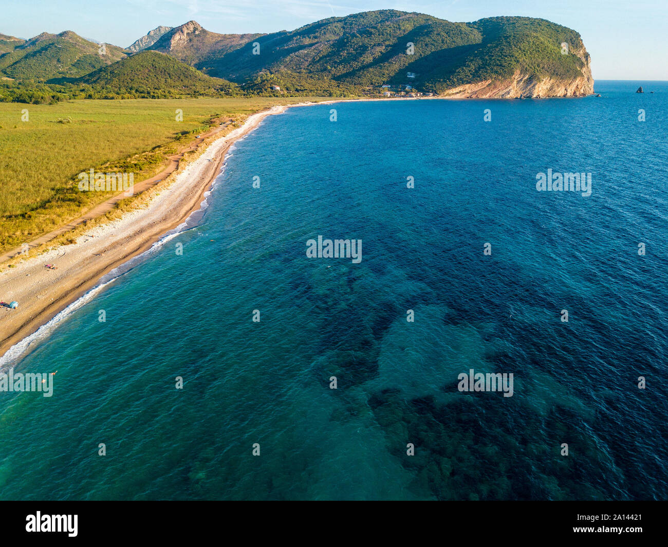 Aerial view of Buljarica beach. It is one of the largest beaches at the ...