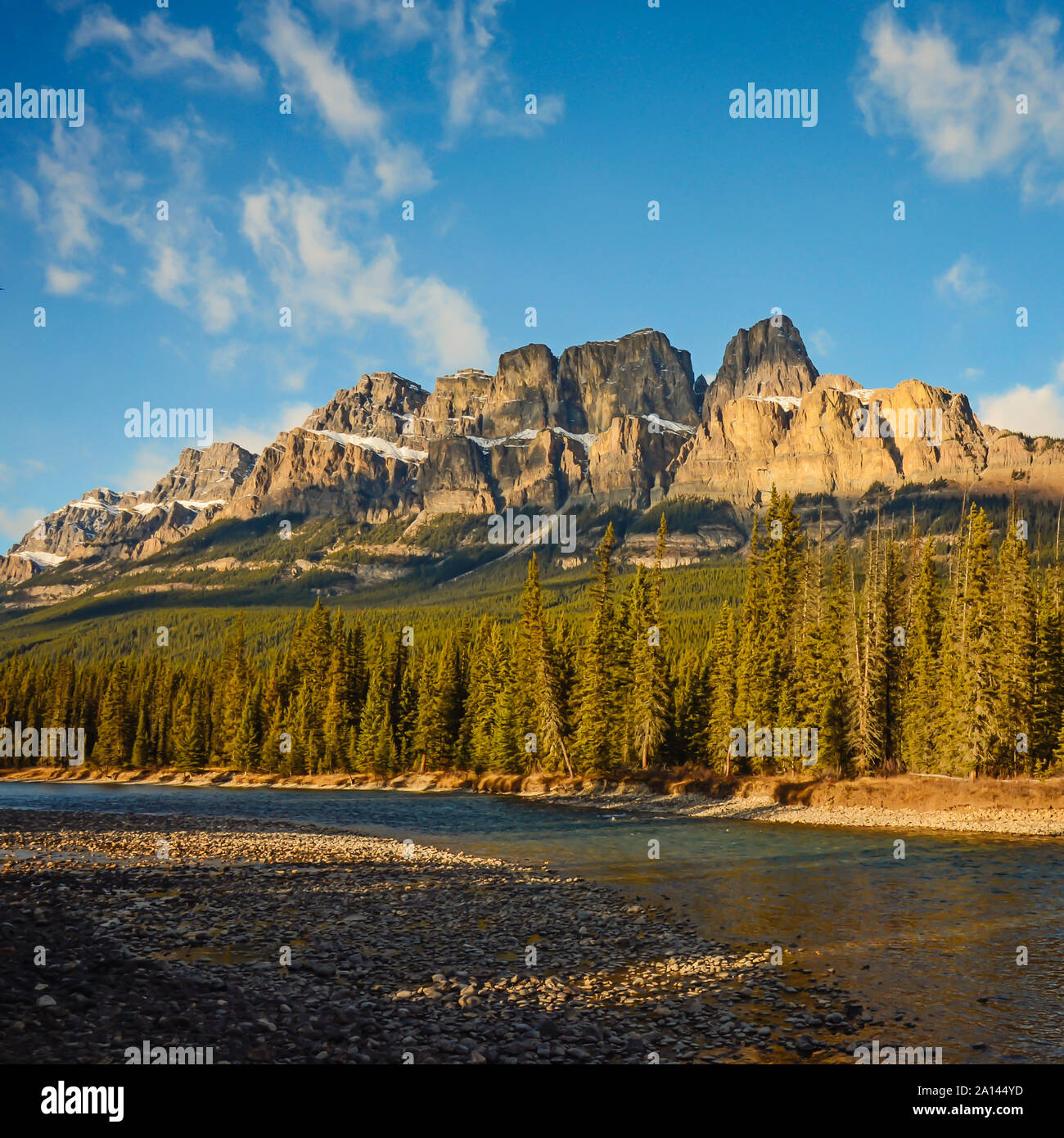 Castle Mountain and Bow River in Banff National Park, Alberta, Canada ...