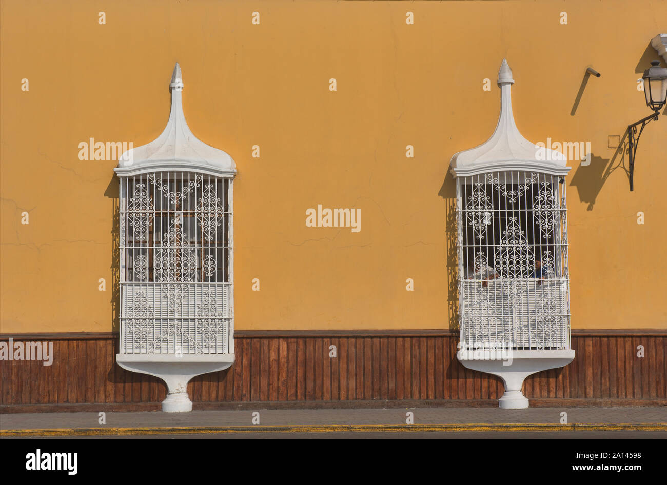Ornate wrought iron grillwork, a trademark of colonial Trujillo, Peru ...