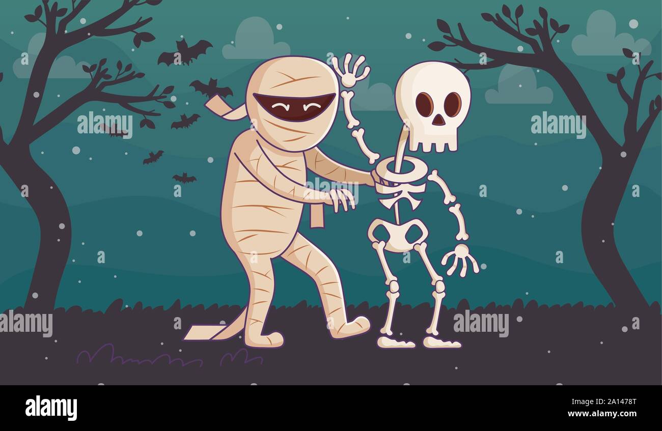 mummy and skeleton trick or treat - happy halloween vector illustration ...