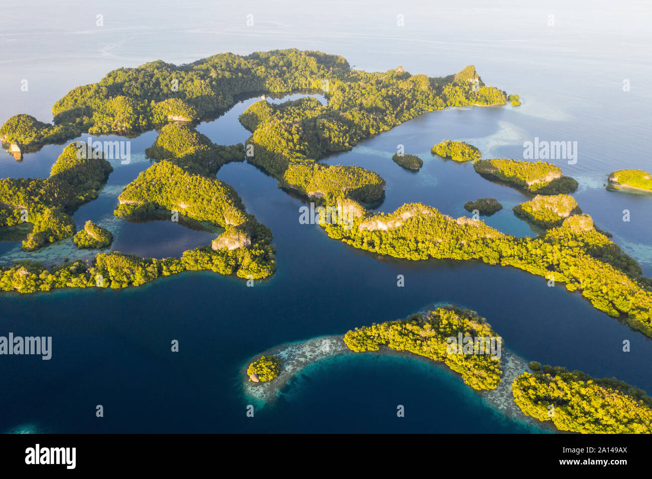 Aerial view of the beautiful limestone islands scattered in Raja Ampat ...