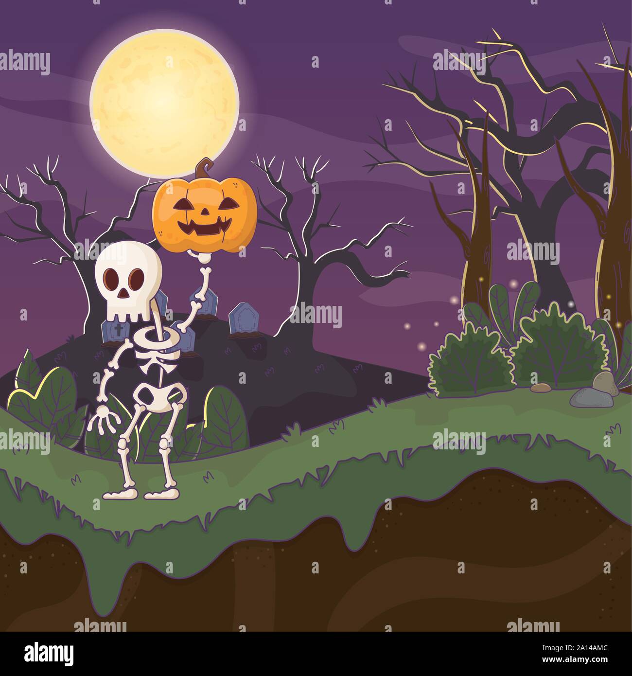 skeleton with pumpkin trick or treat - happy halloween vector ...