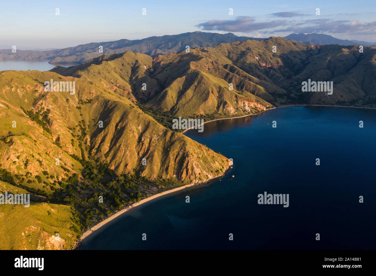 Aerial view of a rugged yet beautiful island landscape in Komodo ...