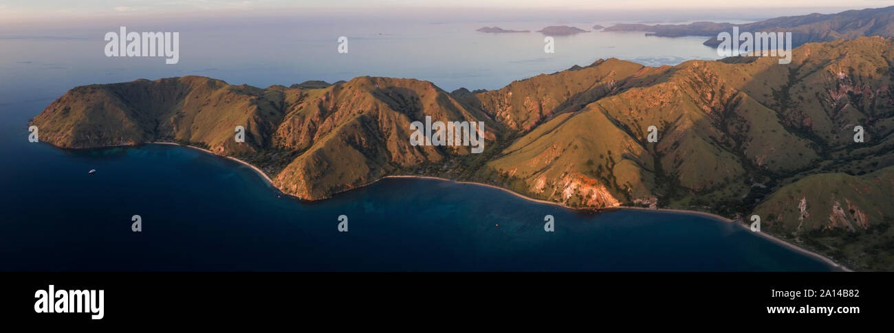 Aerial view of a rugged yet beautiful island landscape in Komodo ...