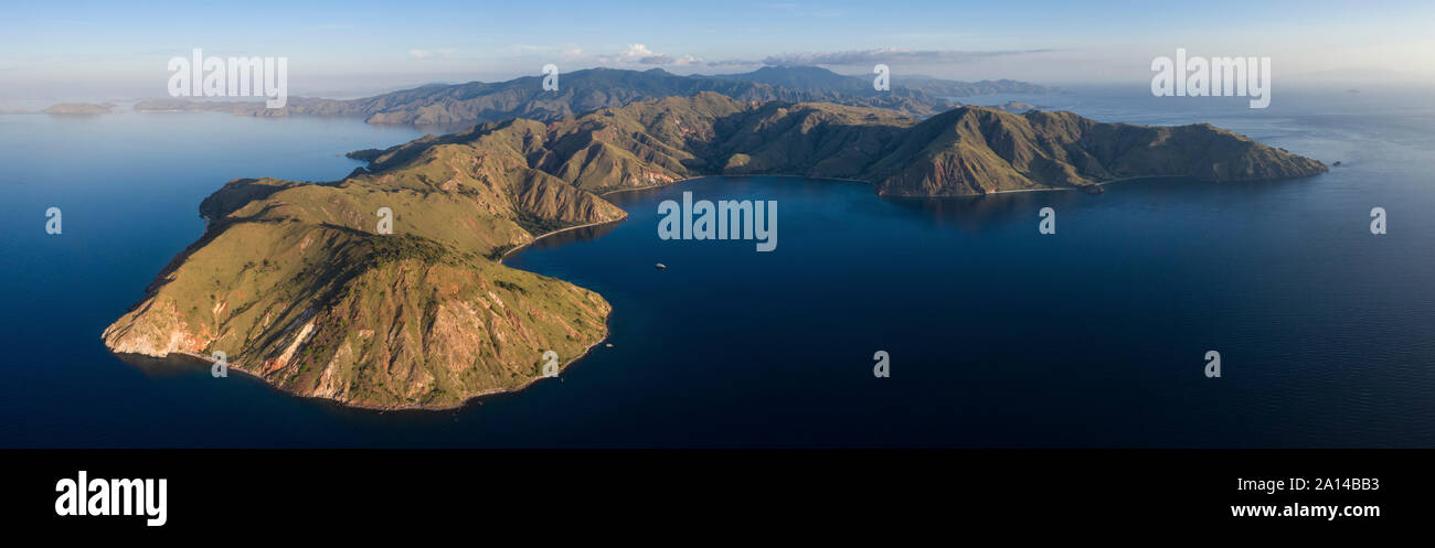 Aerial view of a rugged yet beautiful island landscape in Komodo ...