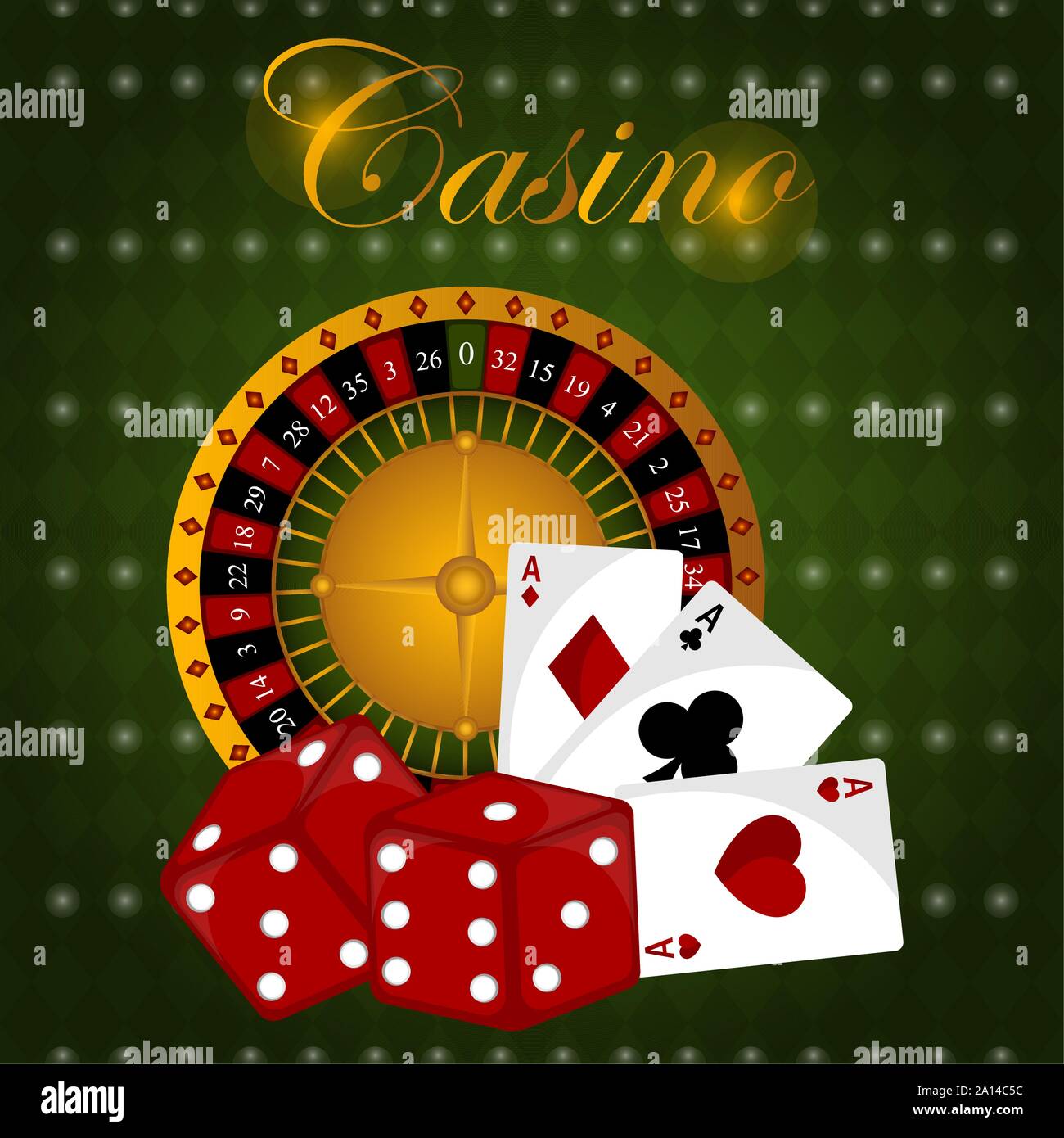 Casino poster with rulette, playing cards and dices - Vector Stock ...