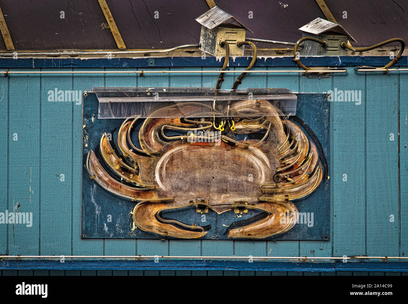 neon crab sign on a restaurant at San Francisco port area Stock Photo ...