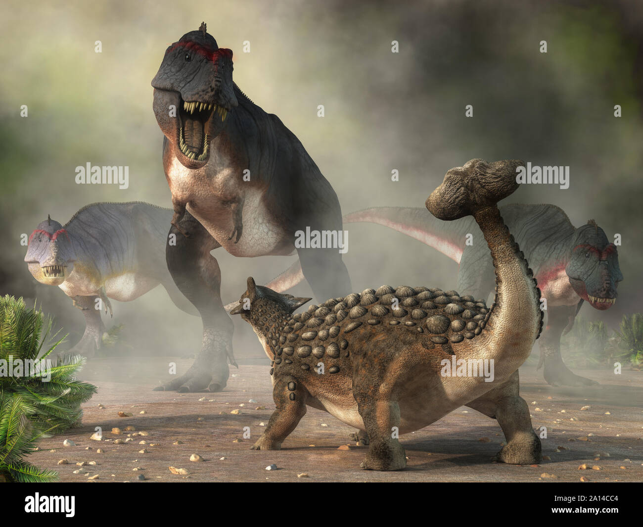 An anklyosaurus raises his clubbed tail and faces off against three ...