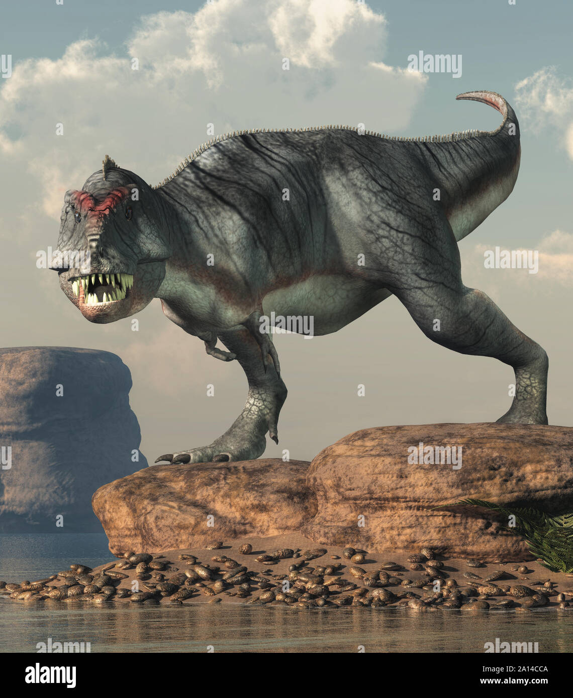 A gray and white tyrannosaurus rex grins at you. This dangerous ...
