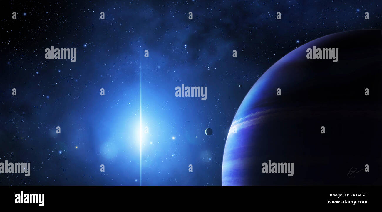 A blue star lights up a cold looking solar system Stock Photo - Alamy