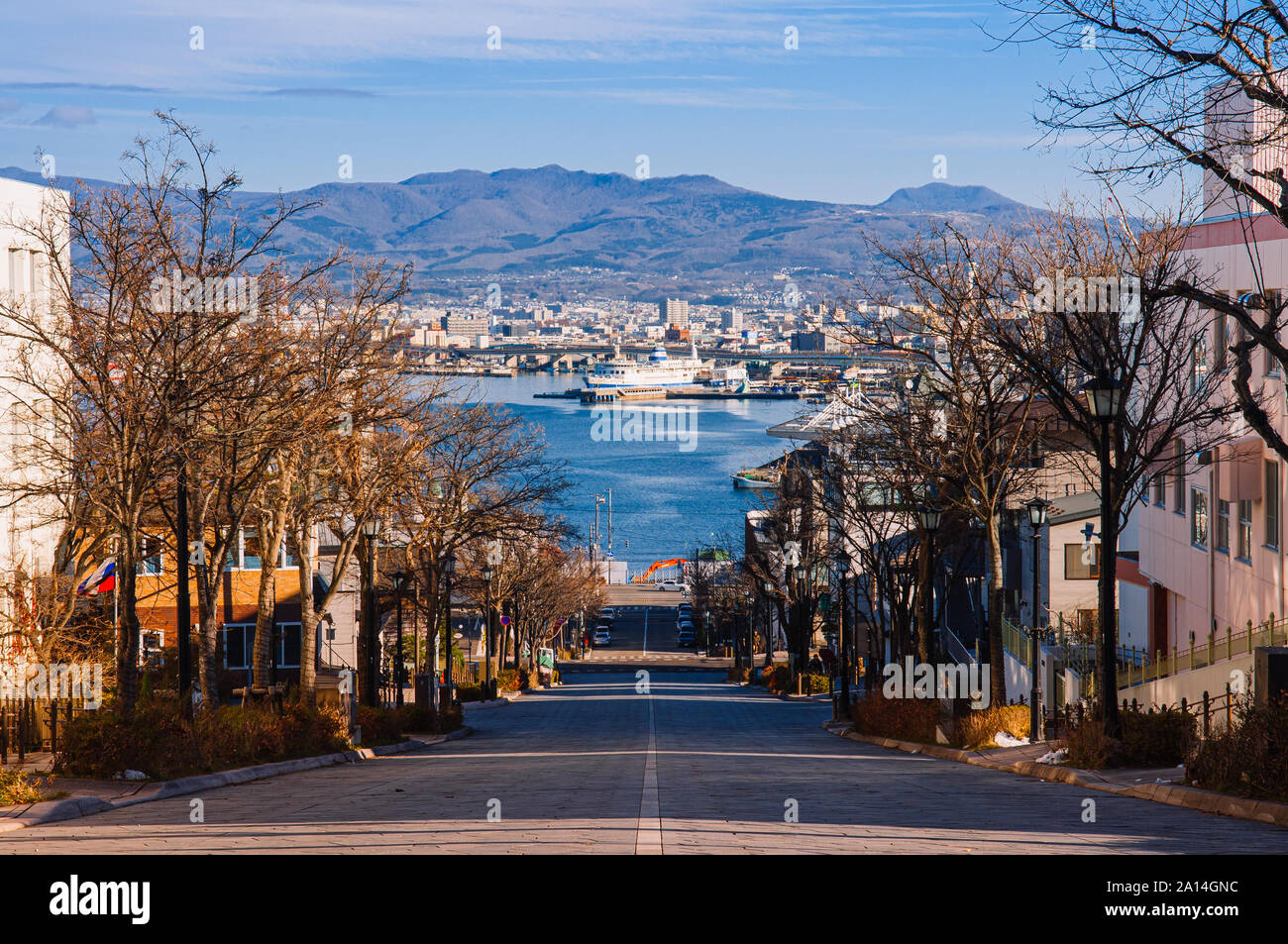 DEC 2, 2018 Hakodate, JAPAN -Motomachi slope Street with leafless tree ...