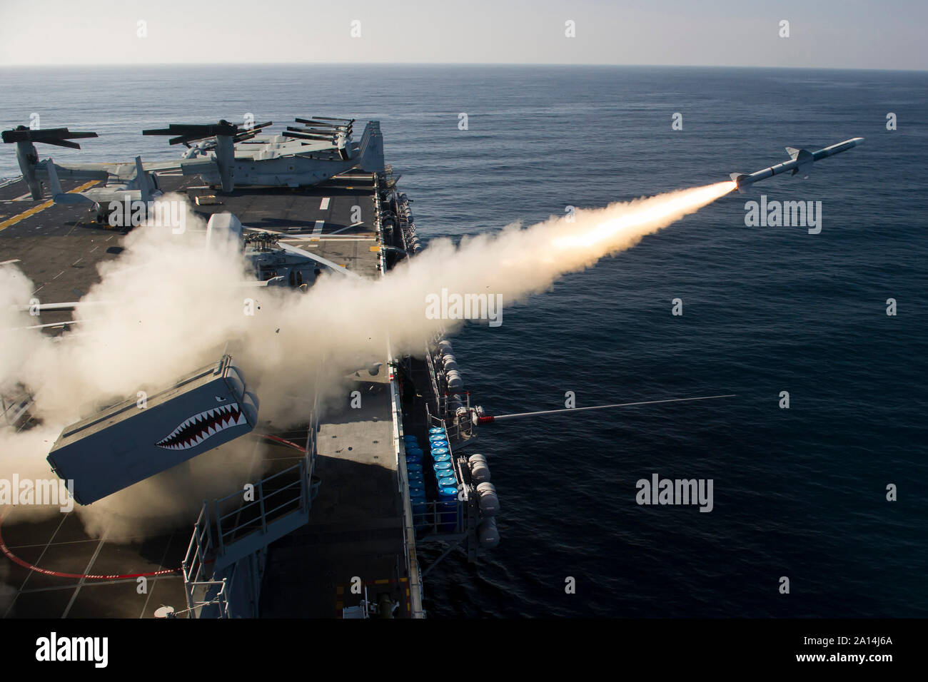 A RIM-7 NATO Sea Sparrow Missile is fired aboard USS Essex Stock Photo ...