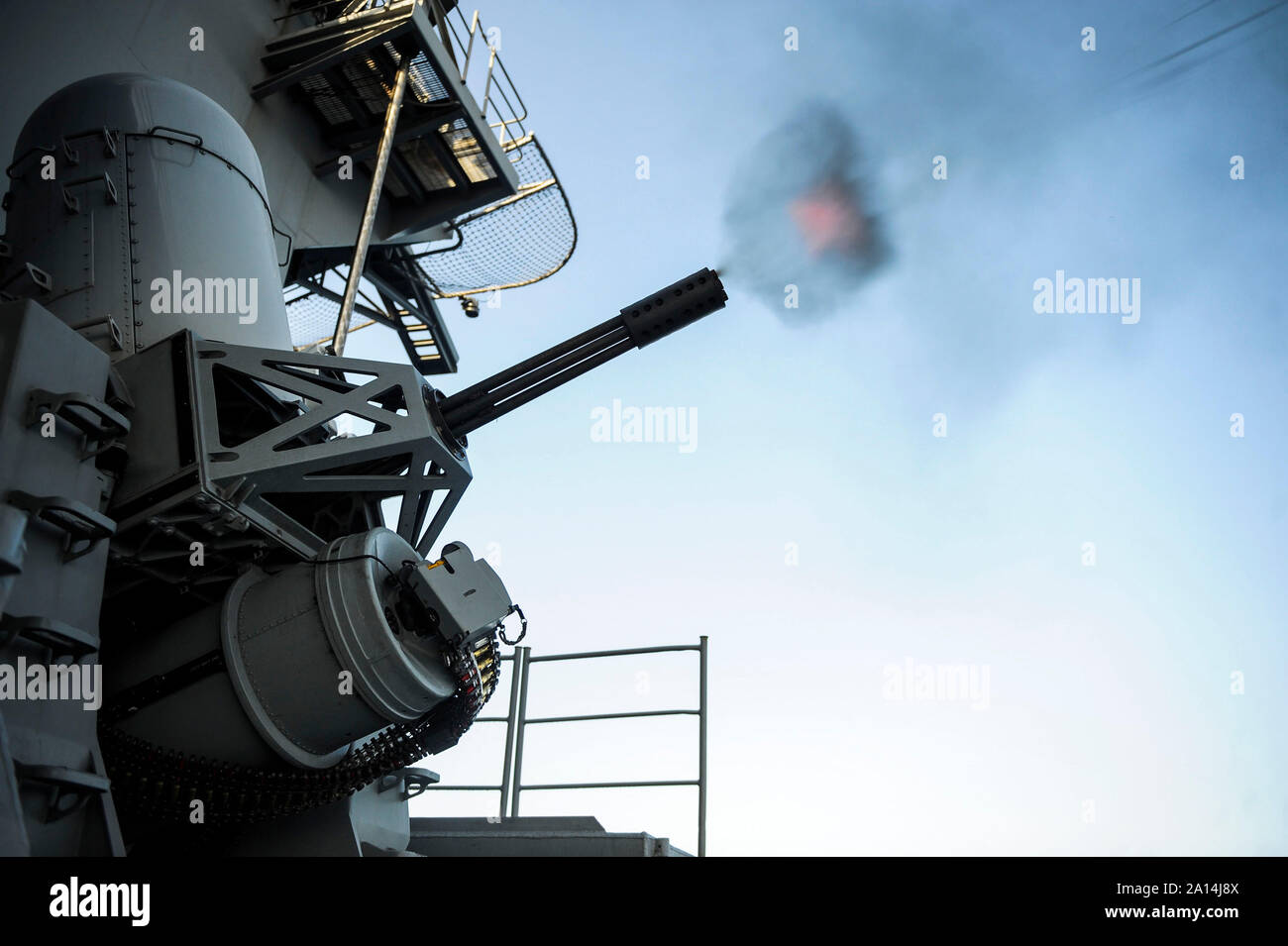 A Phalanx close-in weapon system is fired aboard USS Theodore Roosevelt ...