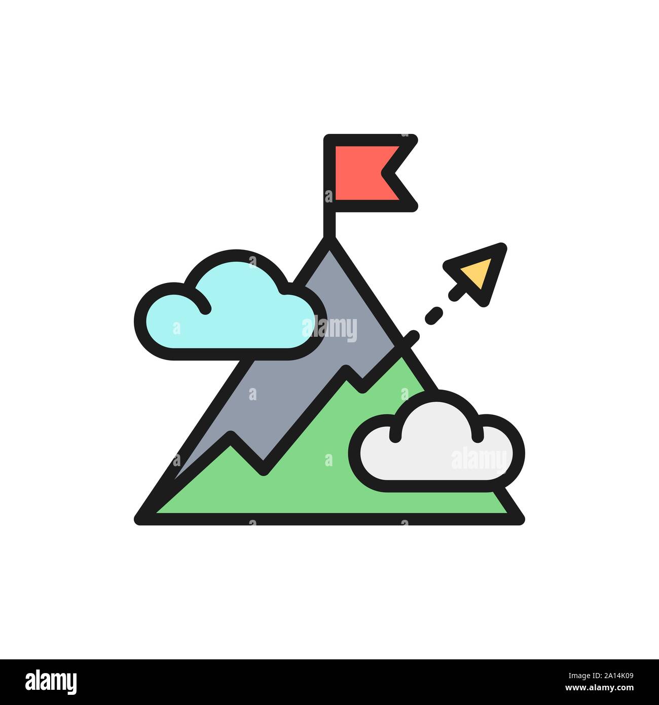 Vector mountain with arrow, mount, hill, target, goal flat color line ...