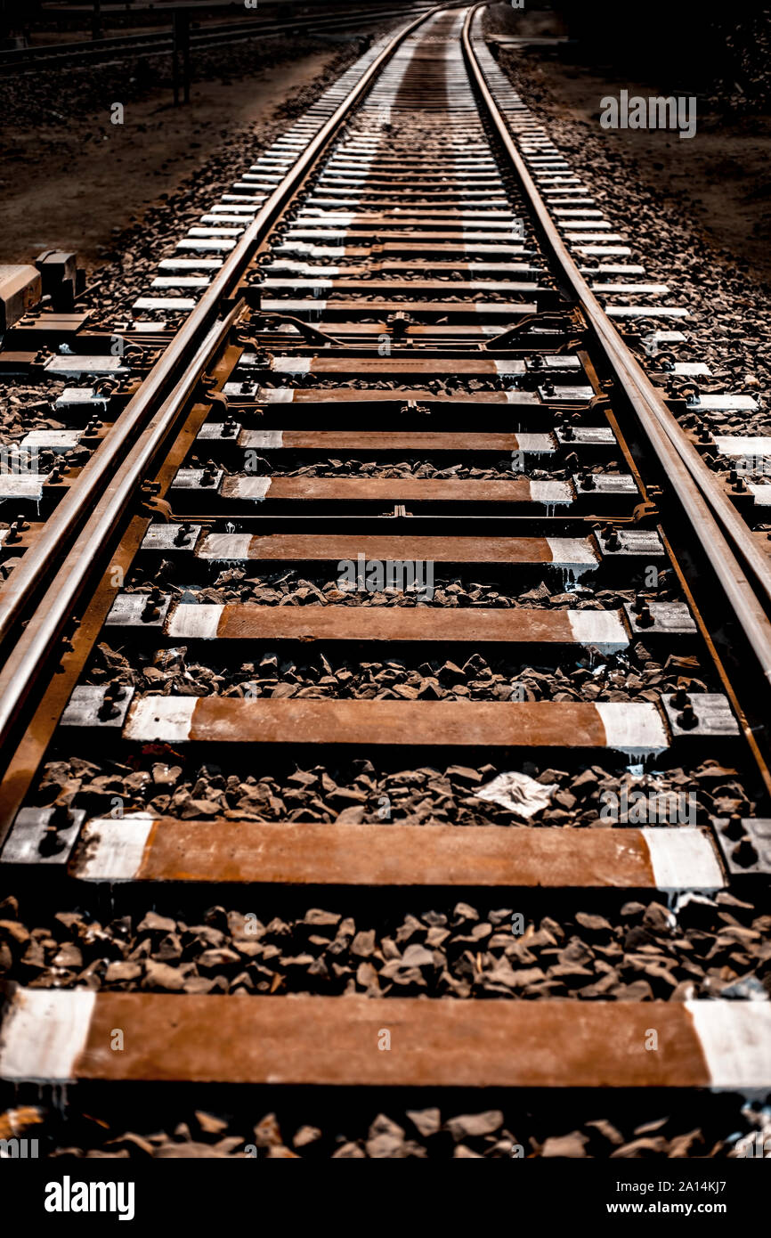 Close up of railway tracks passing or running straight through a forest ...