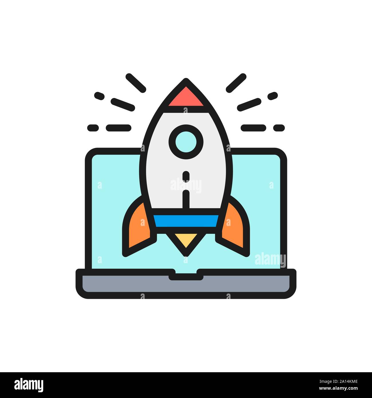Vector rocket launch from laptop, startup flat color line icon Stock ...