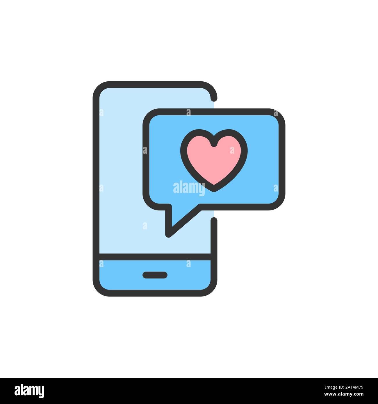 Vector phone with heart bubble, love chat, like message flat color line ...
