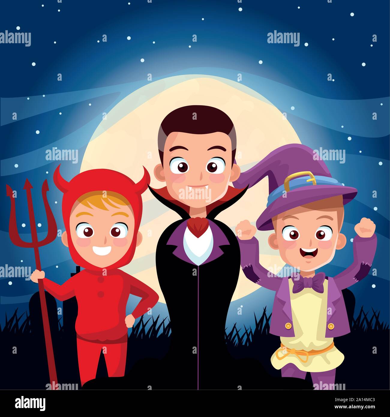 halloween dark scene with kids disguised characters Stock Vector Image ...