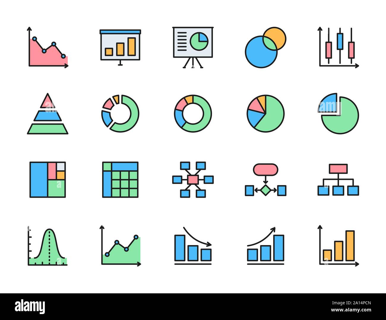 Set of Graph and Chart Flat Color Icons. Pie Chart, Presentation and ...