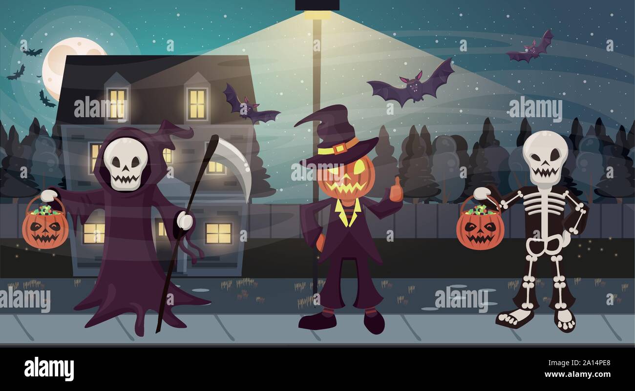 halloween dark scene with group of disguised people Stock Vector Image ...