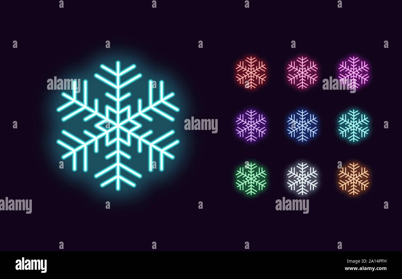 Neon Snowflake, Christmas and New Year decoration. Colorful festive Set ...