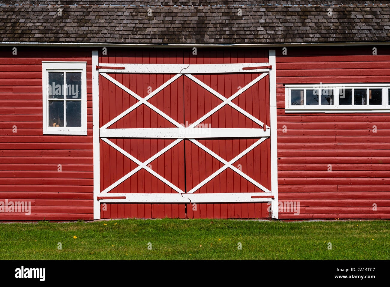 A restored red barn door in the Mennonite street village of Neubergthal ...