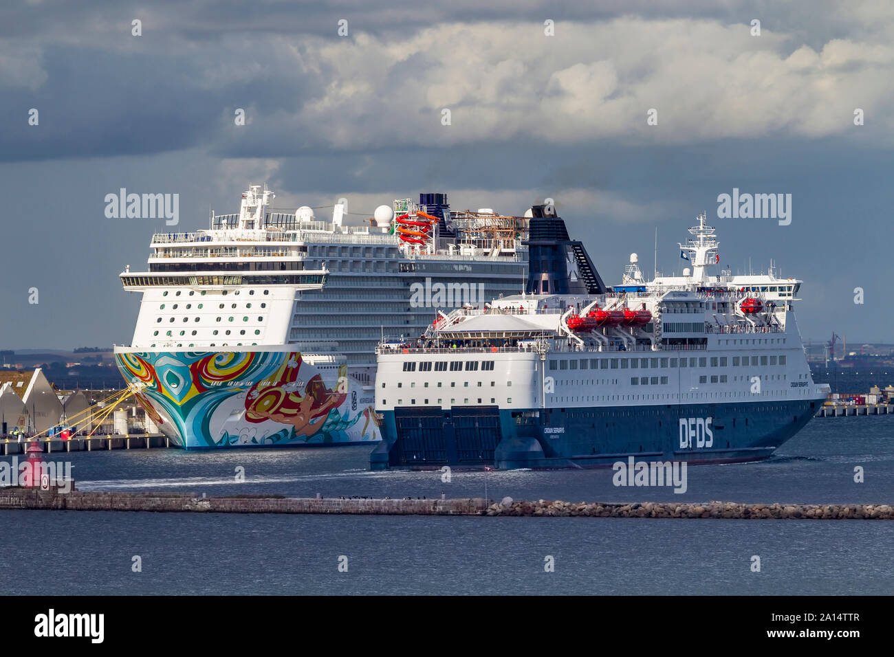 DFDS Crown Seaways passing Norwegian Getaway who is moored heading out ...