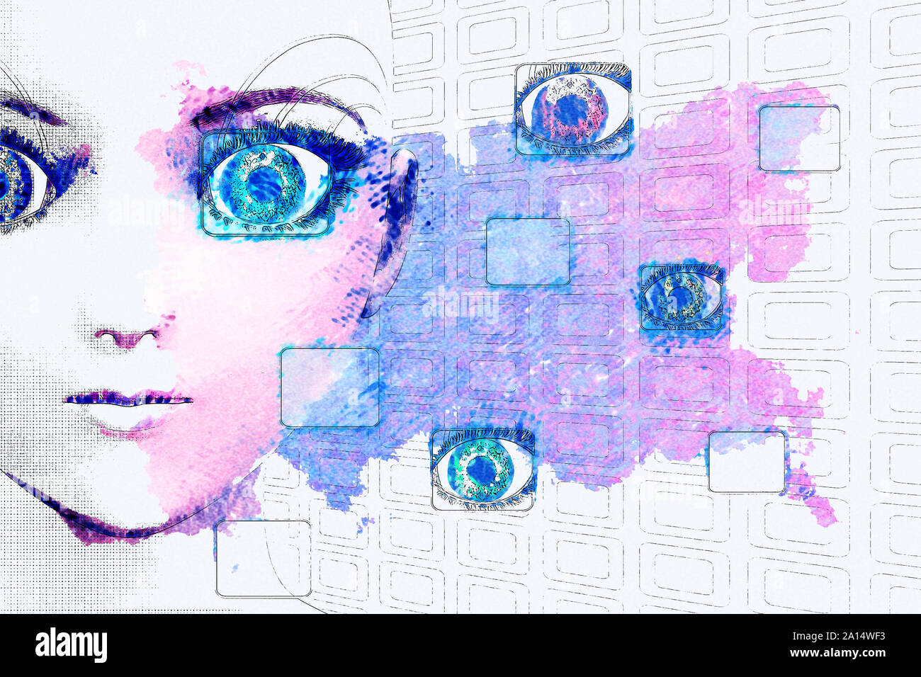 High-tech face technology background with digital watercolor effect ...
