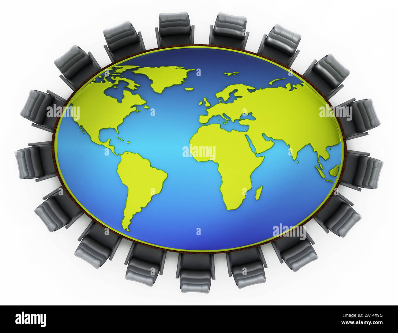 Earth map on table surrounded with seats. 3D rendering Stock Photo - Alamy
