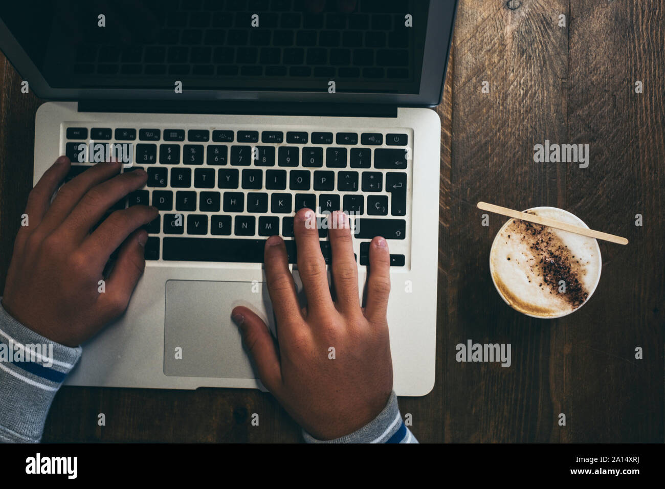 Top view of workstation with modern technology laptop computer and ...