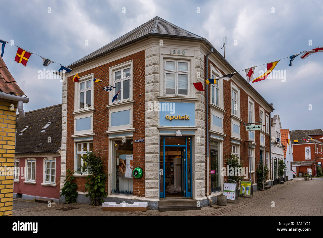 pharmacy in an old retro building in the danish island Aero, Ærøskøbing ...