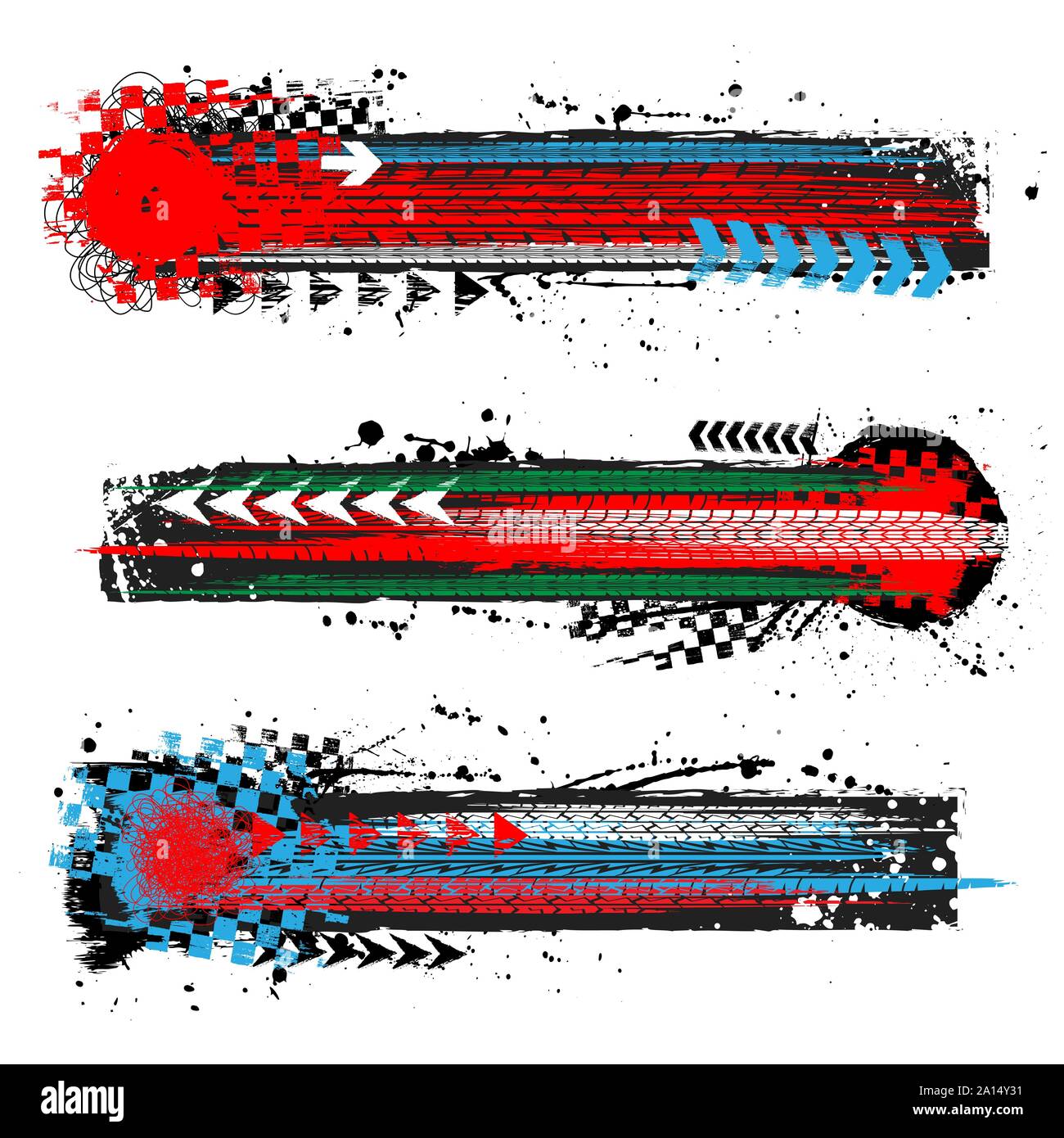 Color grunge elements with tire tracks isolated on white background ...