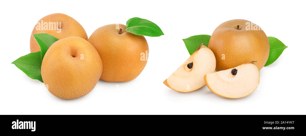 Fresh asian pear with leaf isolated on white background Stock Photo - Alamy