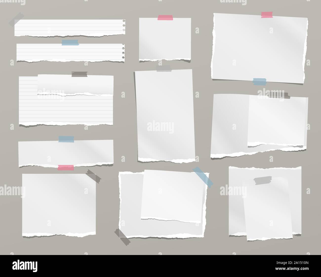 Torn white note, notebook paper pieces stuck with sticky tape on grey ...