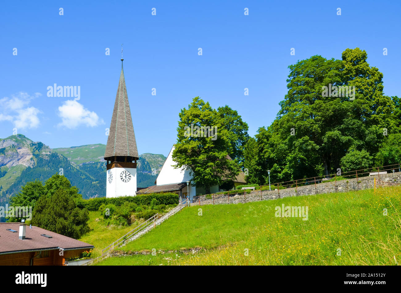 Beautiful Protestant church in Alpine resort Wengen, Switzerland ...