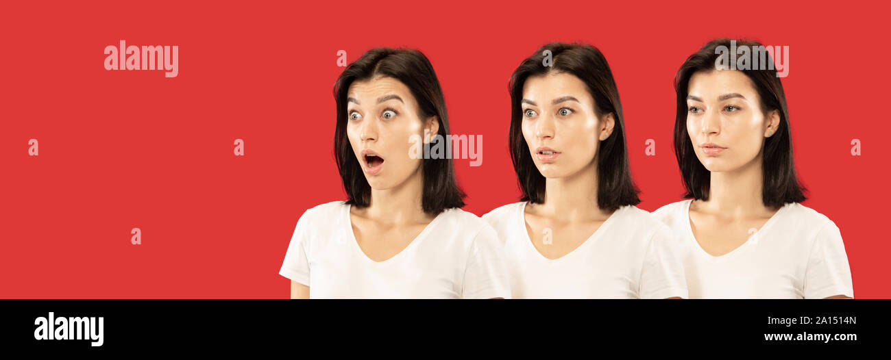Caucasian young woman's close up portrait on red studio background ...