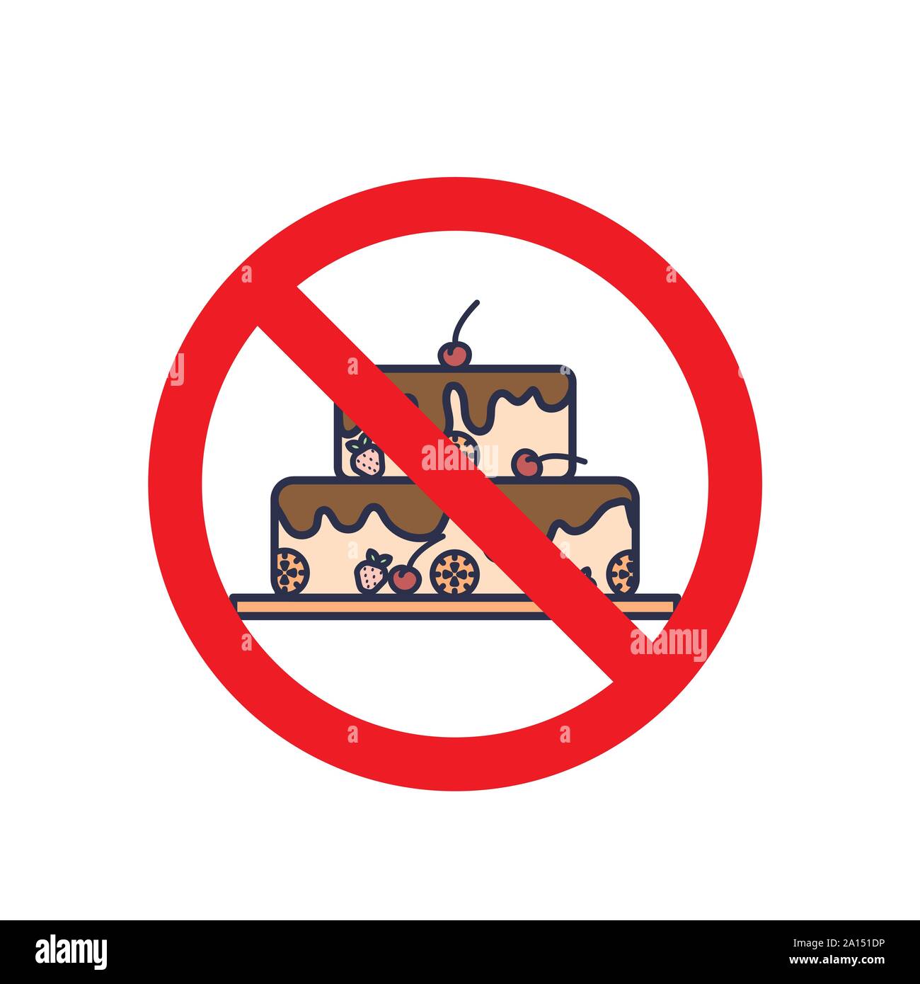 Cake in flat design in prohibition sign on white background. Healthy ...