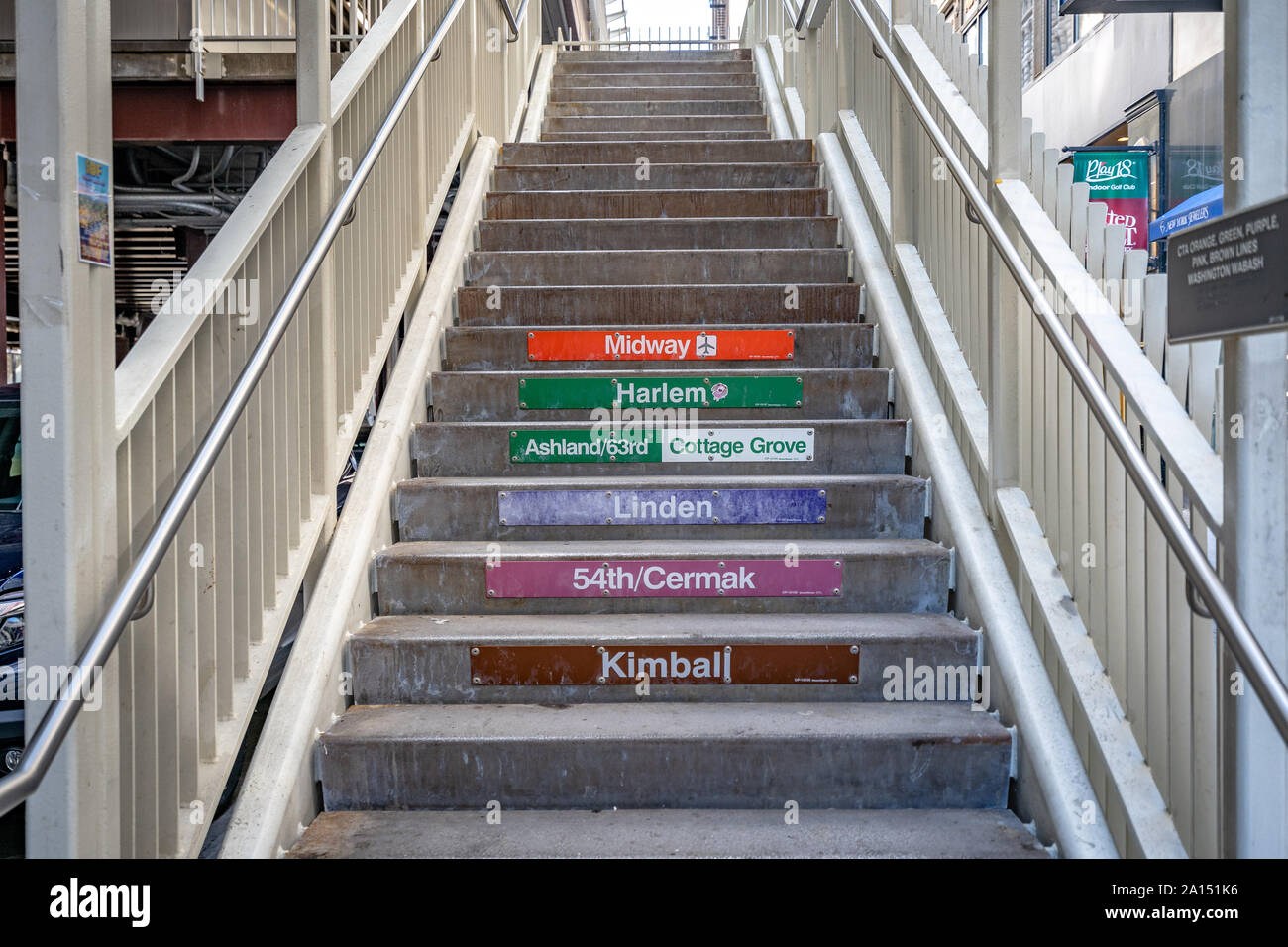 Chicago, Illinois, USA - Station names listed on stairs leading to the ...