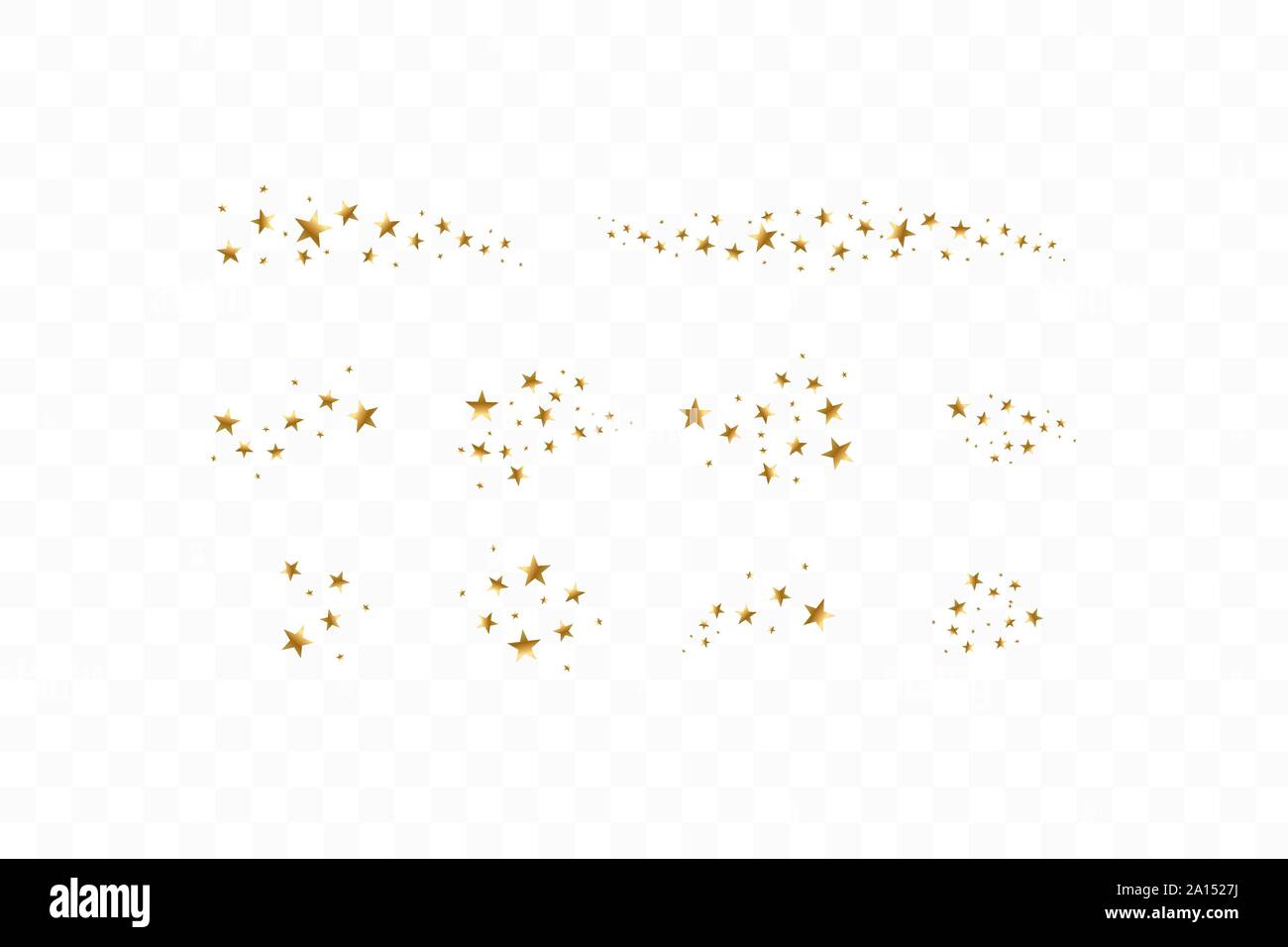Set of golden falling stars. Cloud of golden stars isolated on transparent background. Vector ...