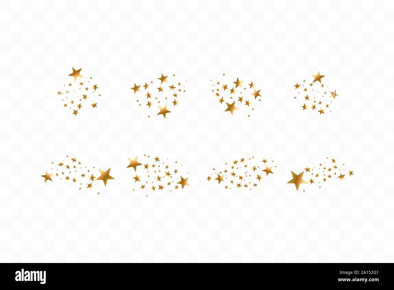 Set of golden falling stars. Cloud of golden stars isolated on transparent background. Vector ...