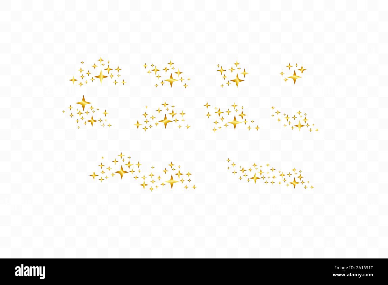 Set of golden falling stars. Cloud of golden stars isolated on transparent background. Vector ...