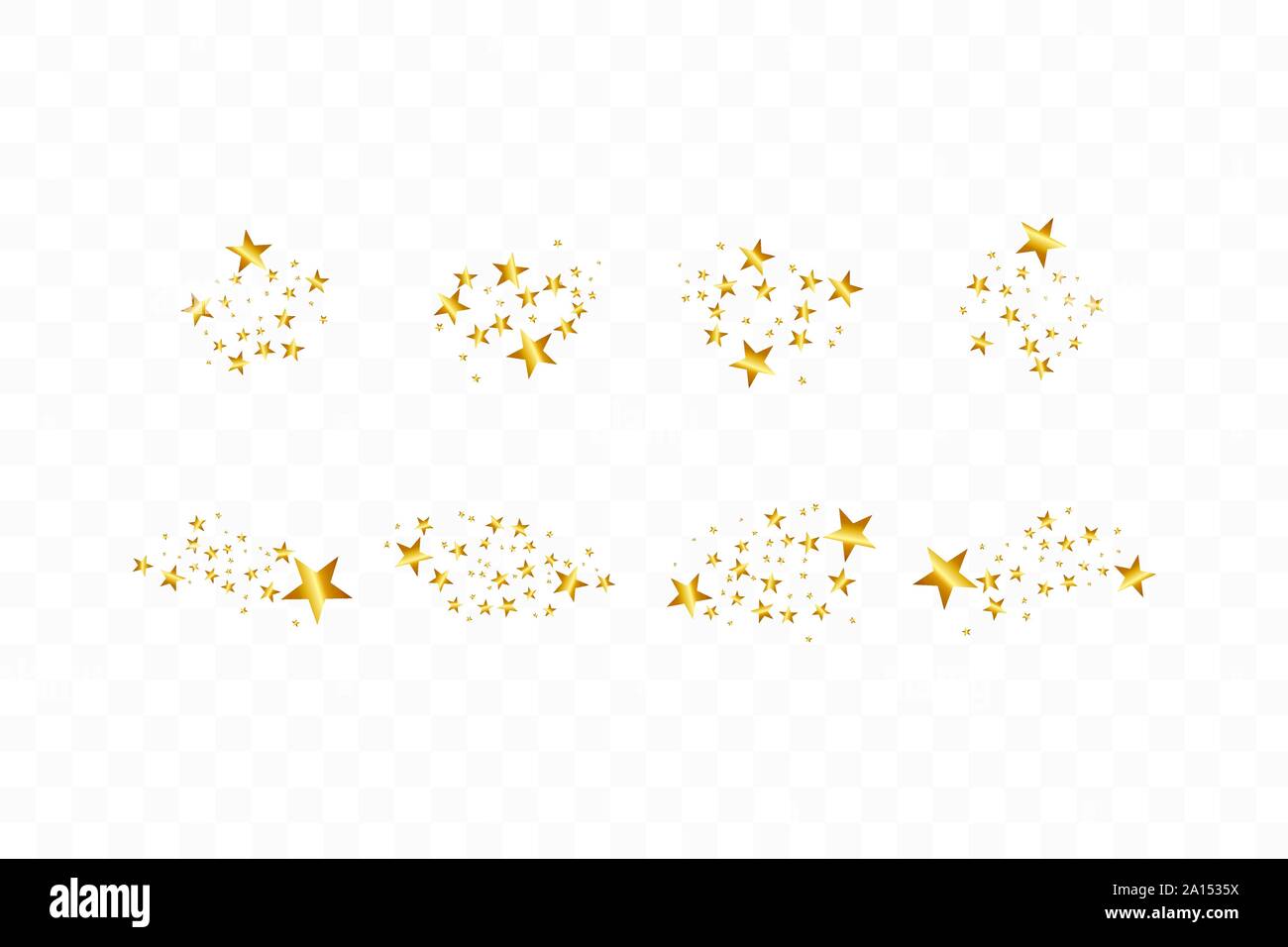Set of golden falling stars. Cloud of golden stars isolated on transparent background. Vector ...