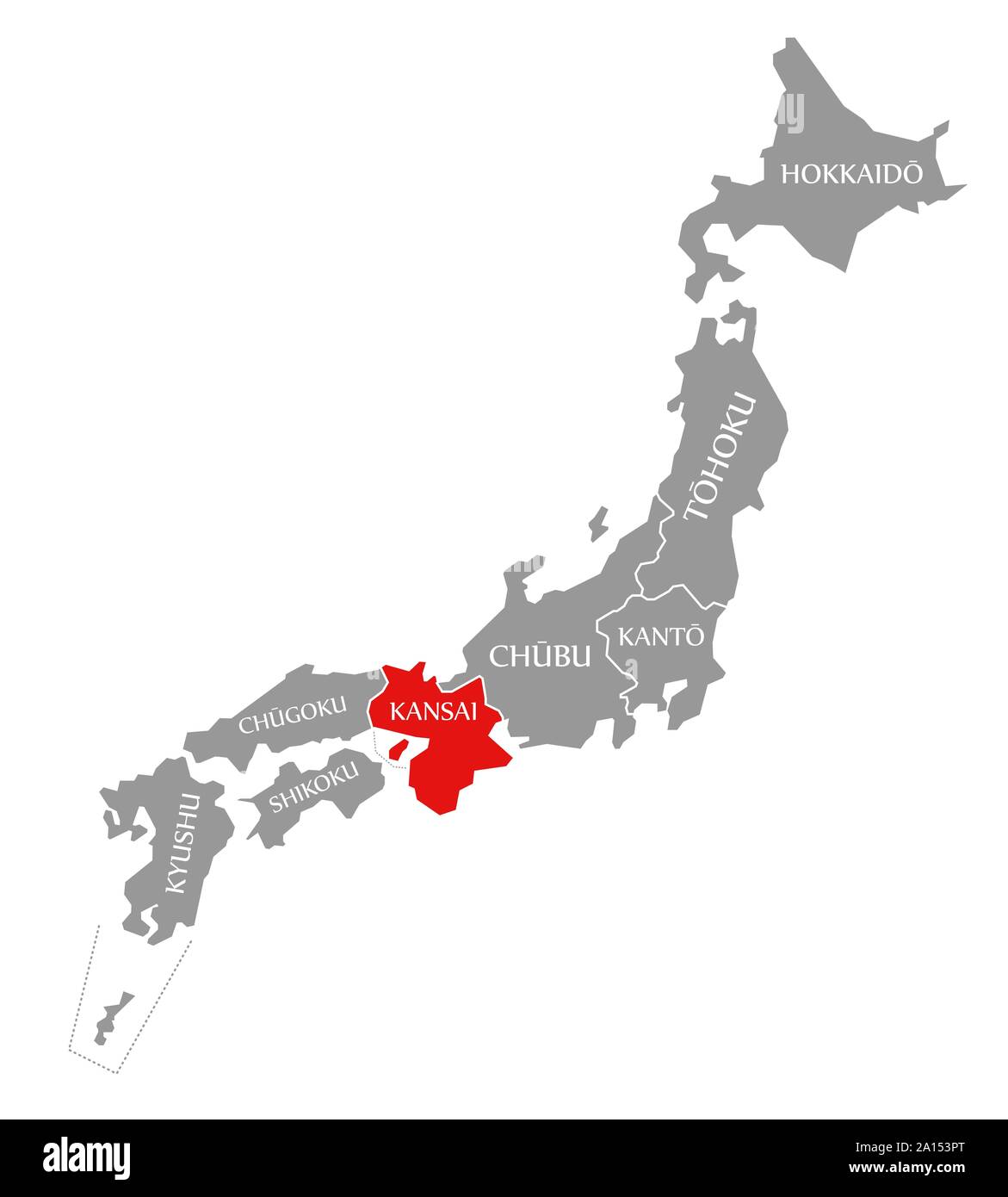 Kansai red highlighted in map of Japan Stock Photo - Alamy