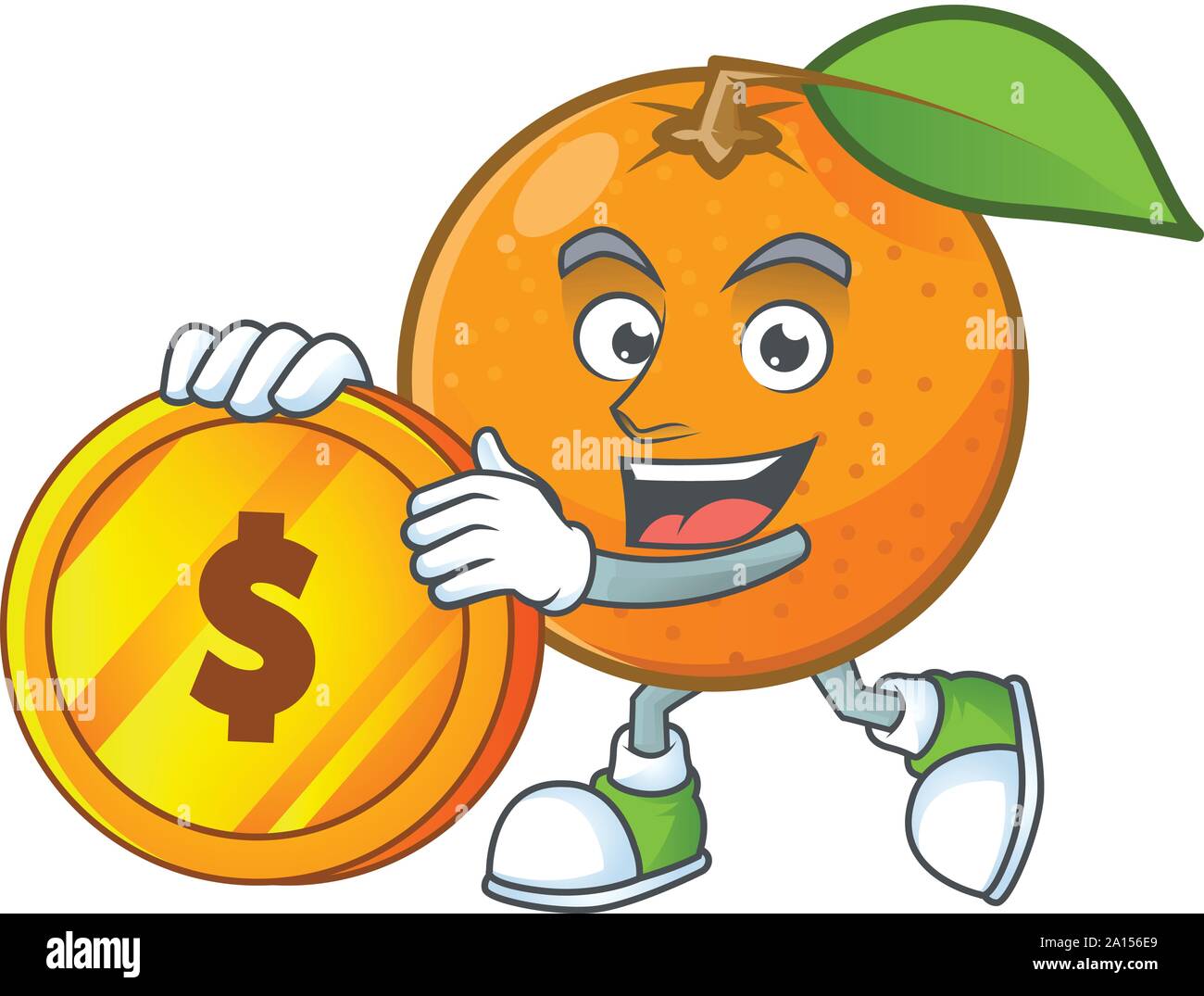Bring coin orange fruit cartoon mascot on white background Stock Vector ...